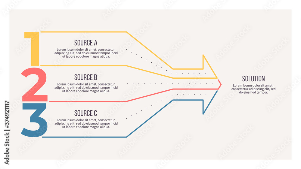 Business process. Arrow chart with 3 steps, options, sections. Vector ...