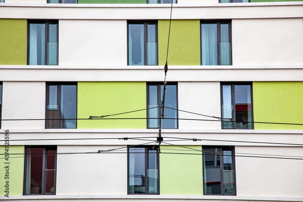 electrical wires of city tram. Electric tram trolley pole railway ...