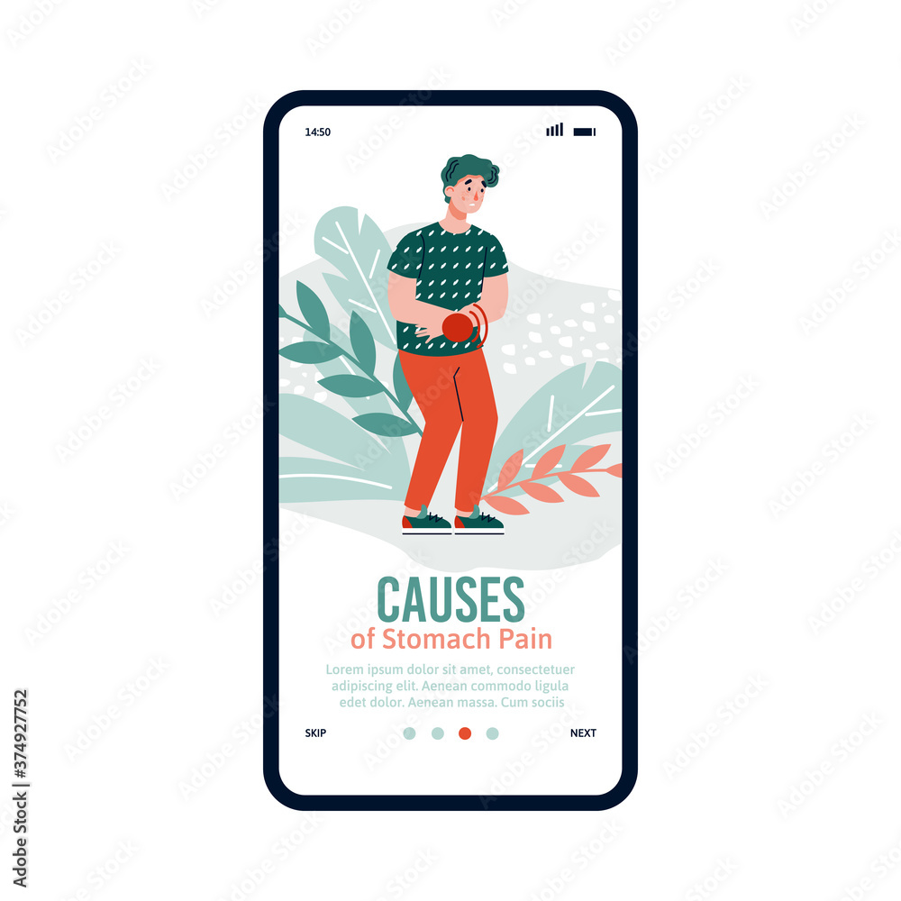 Causes of stomach pain banner for onboarding mobile app page with ...