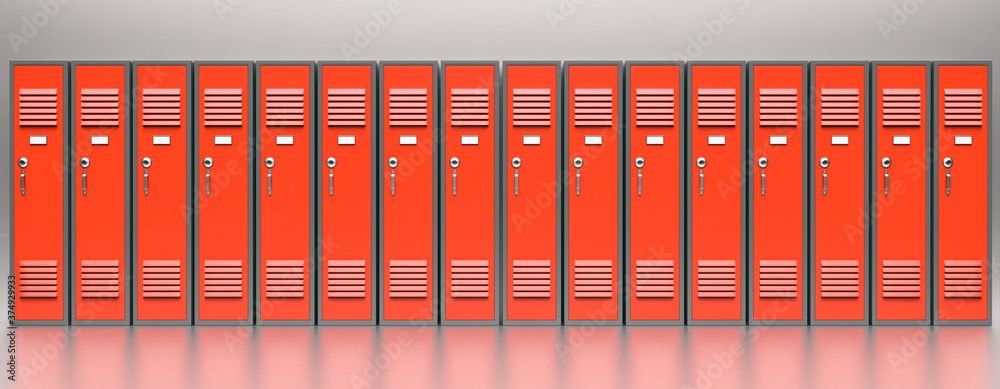 School, gym lockers, red color, grey color wall and floor background ...