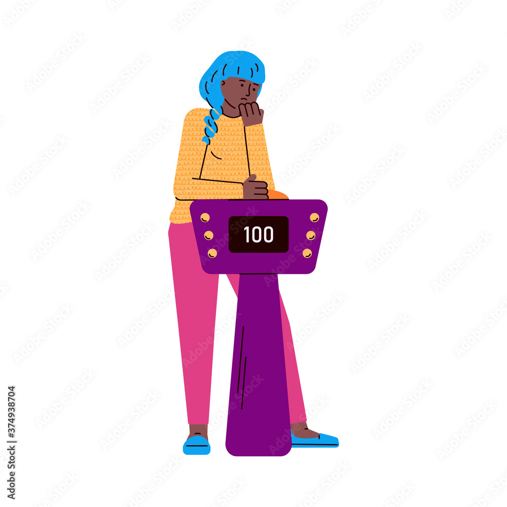 Quiz show player female cartoon character answering questions standing ...