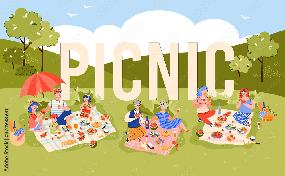 Picnic party banner or poster design with groups of people in park ...