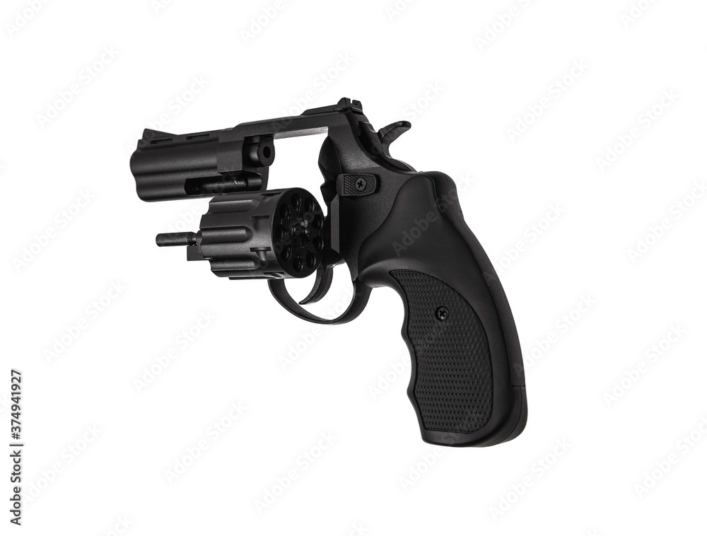 Black pistol isolate on a white back. A revolver for self-defense ...