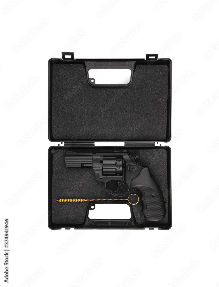 Black pistol isolate on a white back. A revolver for self-defense ...