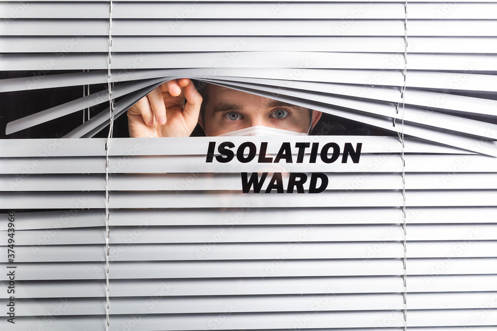 Hospital quarantine or isolation of patient standing alone in room with ...