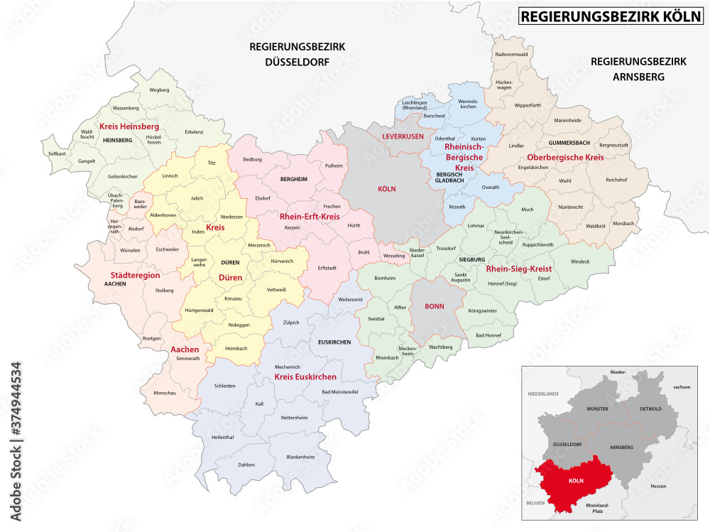 administrative vector map of the Cologne region in German, North Rhine ...