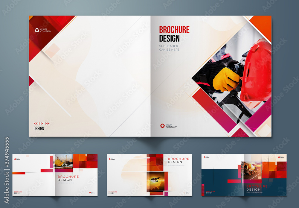 Square Report Cover Layout Set with Red Dynamic Elements Stock Template ...