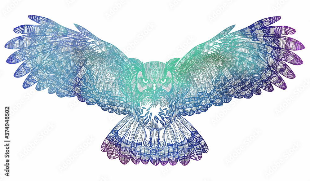 Flying owl with large wings. Dudling painting, dudling, meditation. The ...