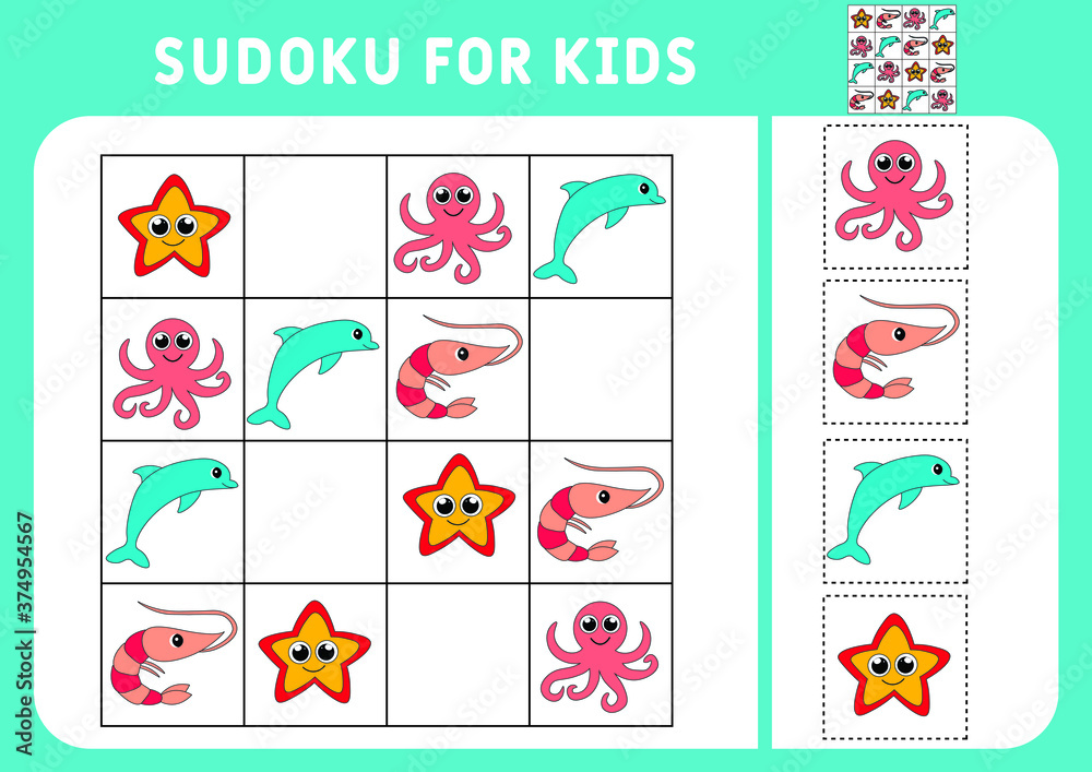 Cartoon sea animals. Sudoku for kids. Education development worksheet ...