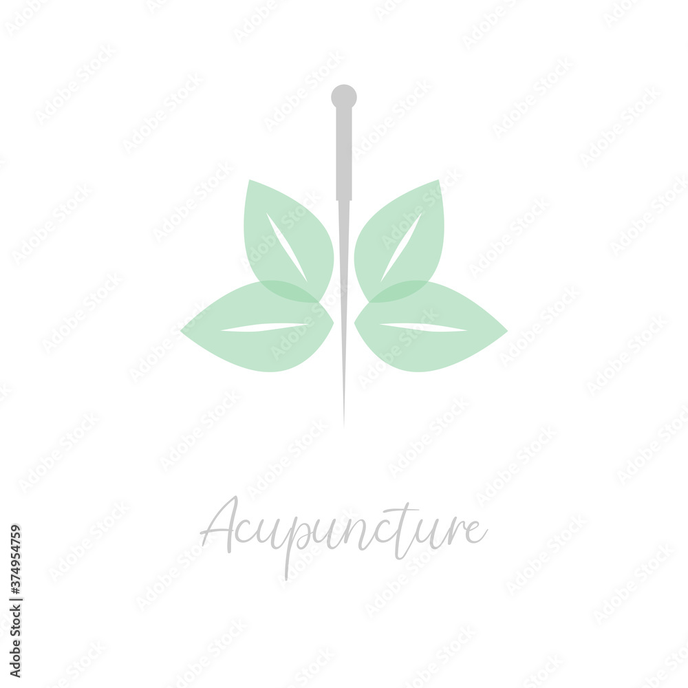 Acupuncture needle and green leaf. Alternative medicine logo, sign ...