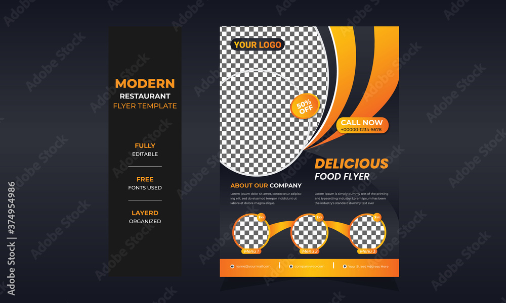 Restaurant food flyer template design with various tasty dishes and ...