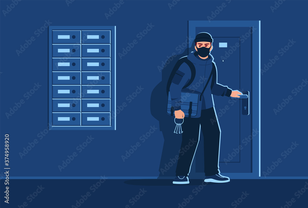 Criminal got into someone house semi flat vector illustration. Night ...