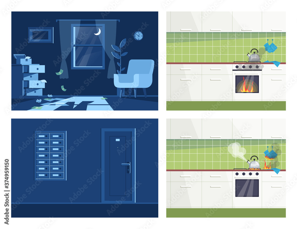Homeplace accidents semi flat vector illustration set. Night darkly ...