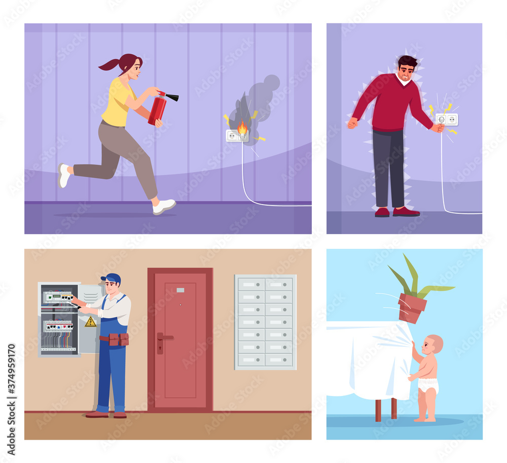 Household incidents semi flat vector illustration set. Woman with fire ...