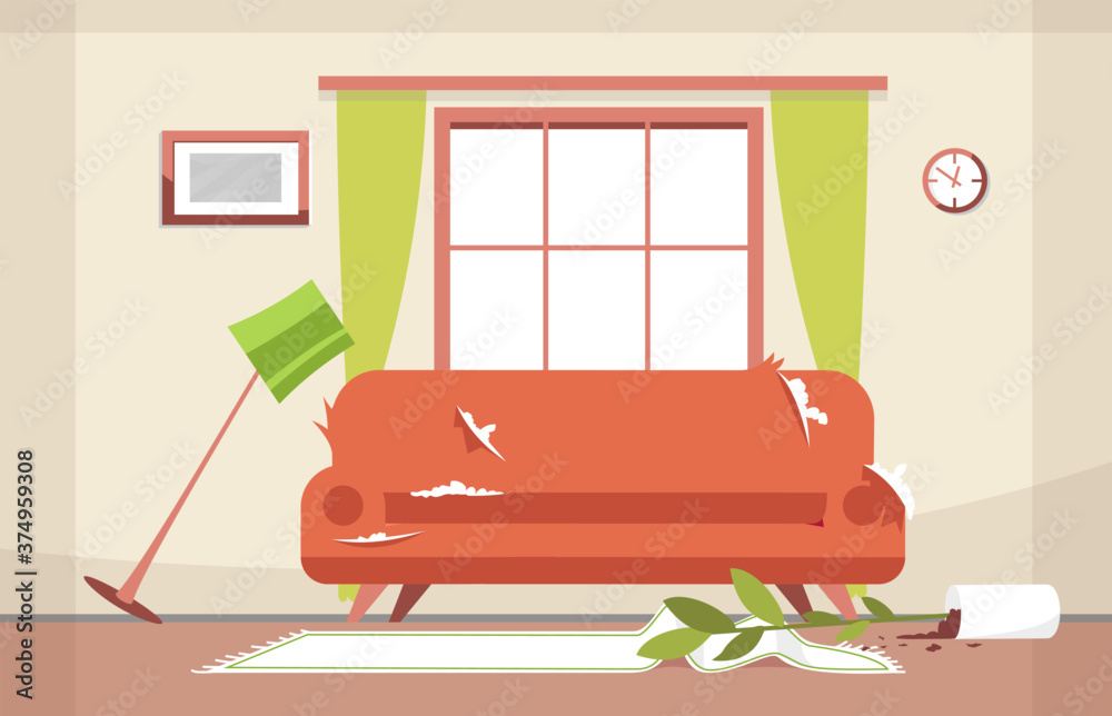 Messy sitting-room semi flat vector illustration. Modern design room ...