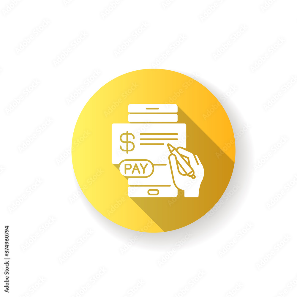 Pay in cheques yellow flat design long shadow glyph icon. E billing ...