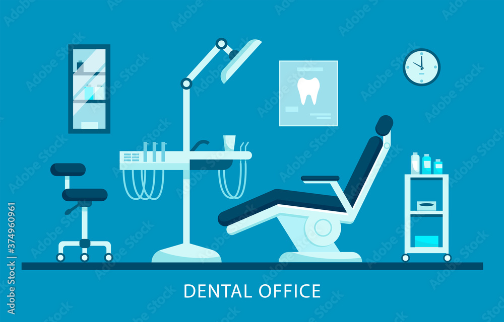 Dental room interior with dentist chair, lamp and drilling machine ...