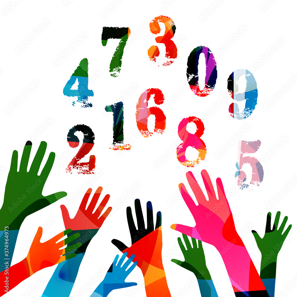 Education and learning concept. Colorful hands raised with numbers ...