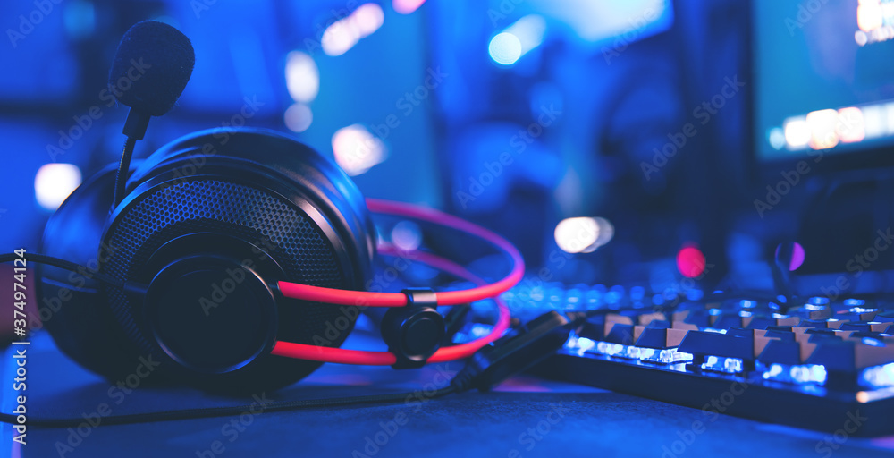 Headphones for professional esports streamer against background of ...