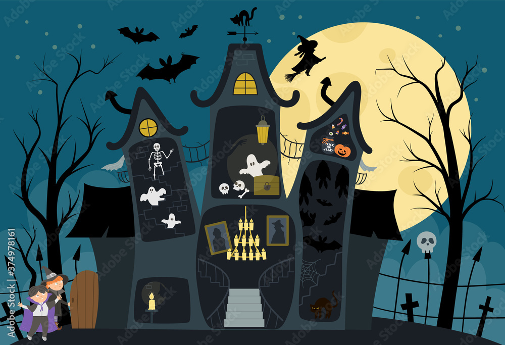 Vector haunted house interior illustration. Halloween background ...