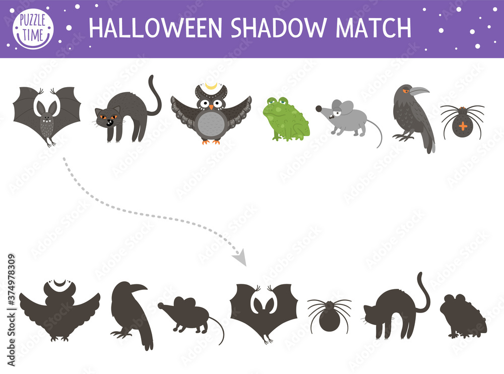 Halloween shadow matching activity for children. Autumn puzzle with ...