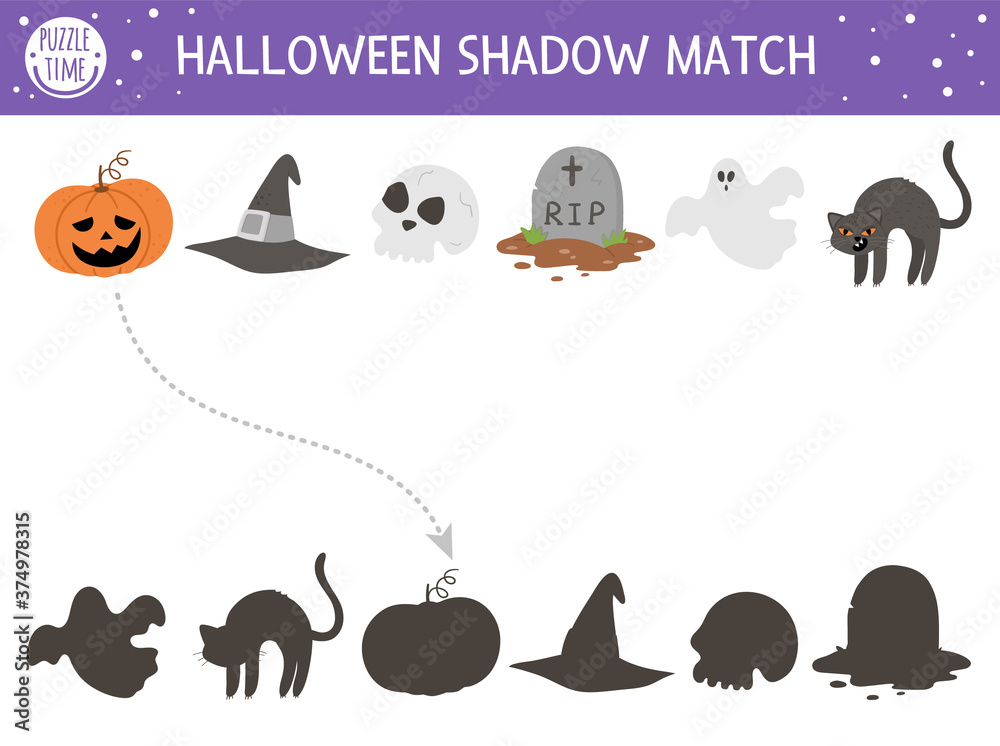 Halloween shadow matching activity for children. Autumn puzzle with ...