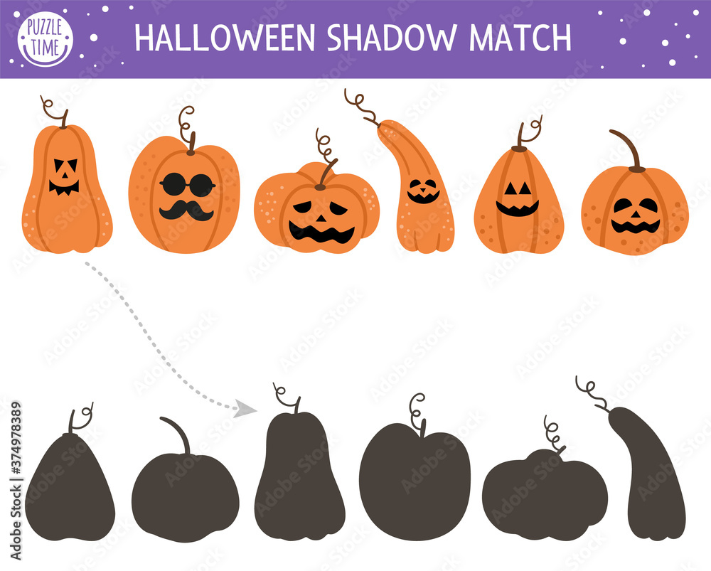 Halloween shadow matching activity for children. Autumn puzzle with ...