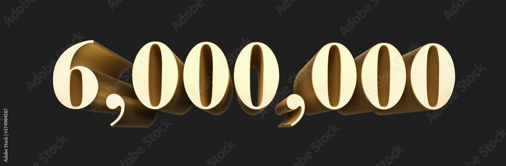 6.000.000 six million number rendering. Metallic gold 3D numbers. 3D ...