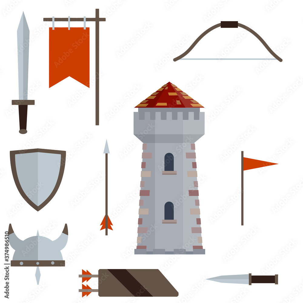 Medieval set of item. European castle with tower, shield, sword, red ...