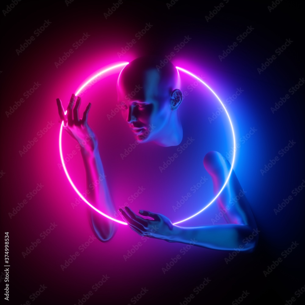 3d render, woman portrait inside round blue pink neon frame, mannequin ...
