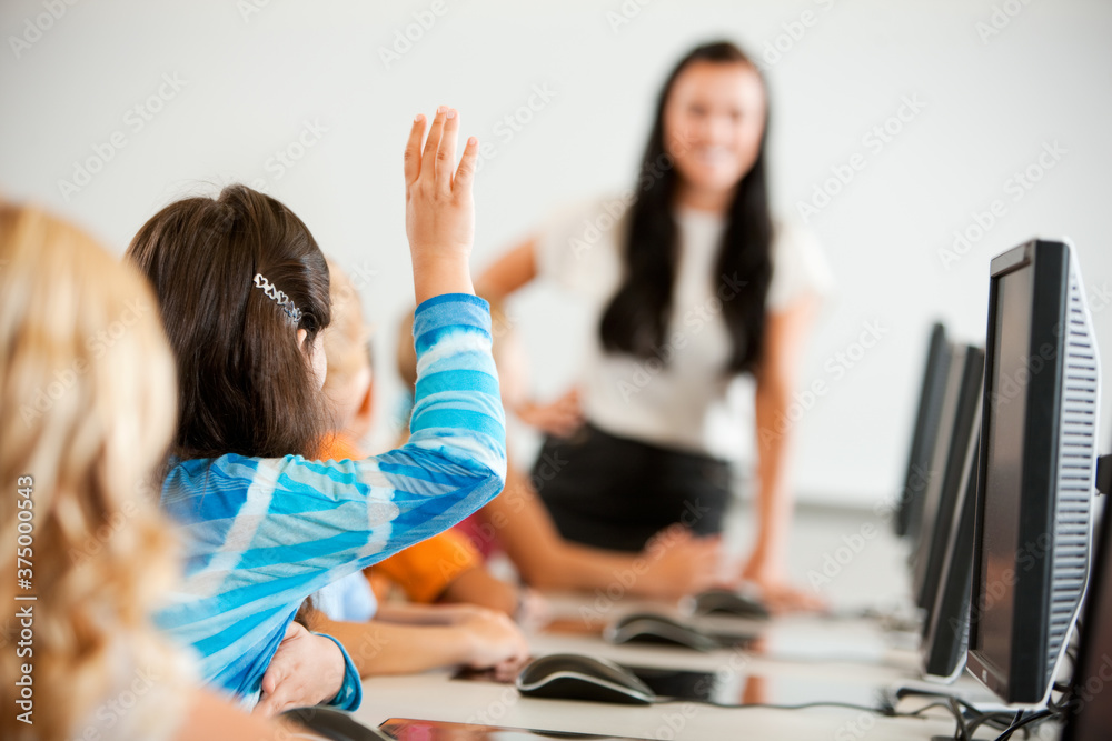 Computer Class: Focus on Raised Hand Stock Photo | Adobe Stock
