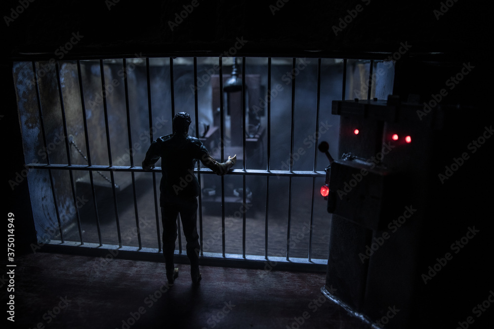 Jail or prison cell. Obsolete gray grunge concrete room. Old prison ...