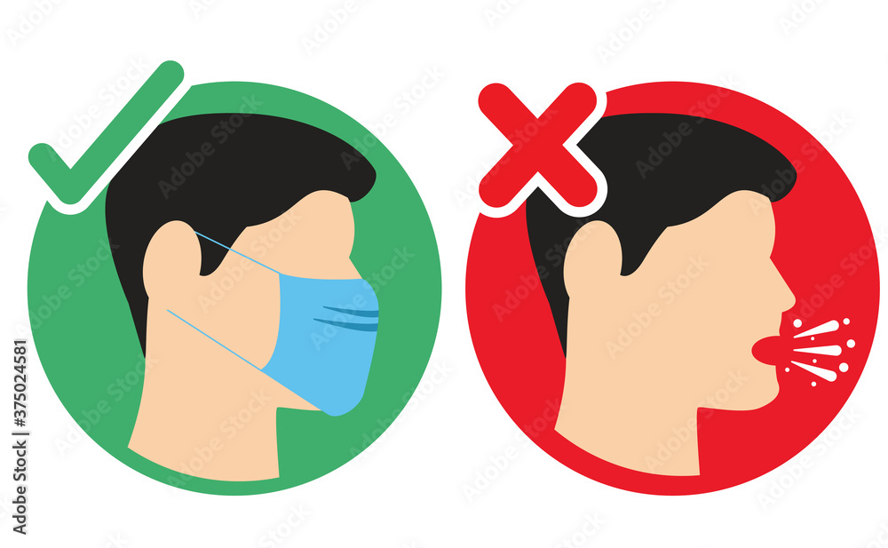 Circle icons of a man wearing a mask with a tick and a man with no mask ...