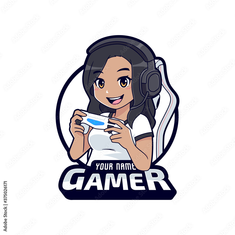 Cute Gamer Character Mascot Logo Dark Skin Gamer Girl Cartoon Esport