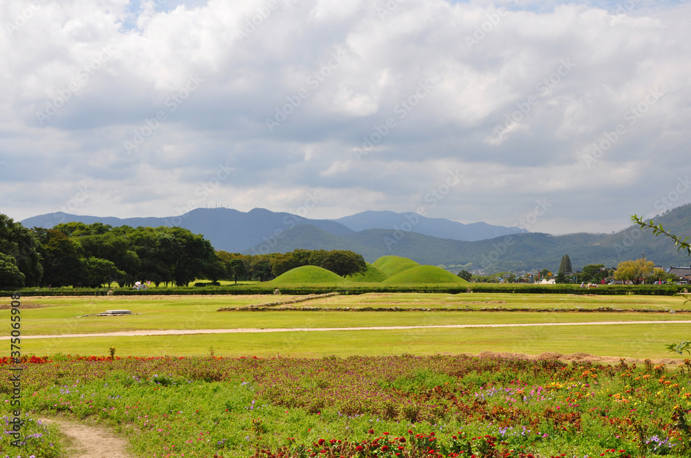 Tumuli, a mound of earth and stones, among green grass field in ...