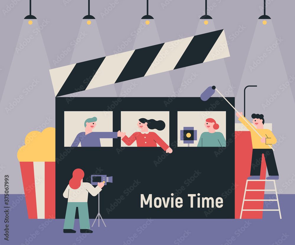 Actors and staff filming a movie in a huge clapper board. flat design ...