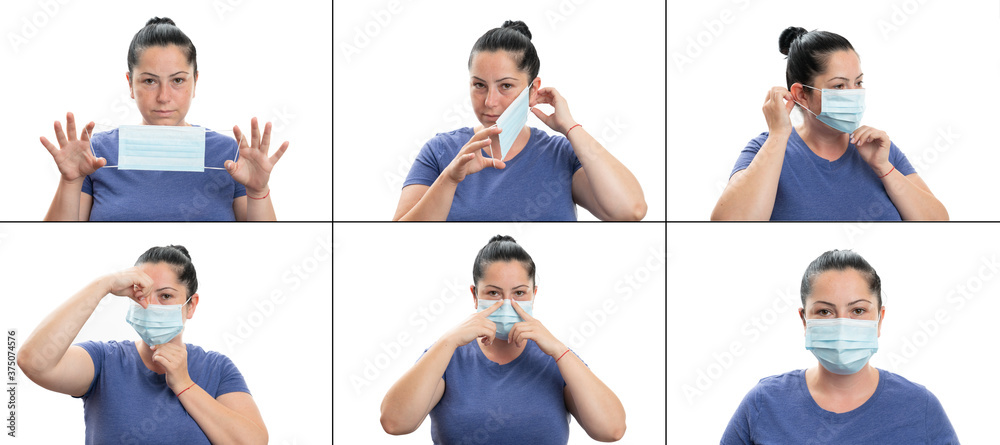 Tutorial how to wear medical mask correctly by white female model Stock ...