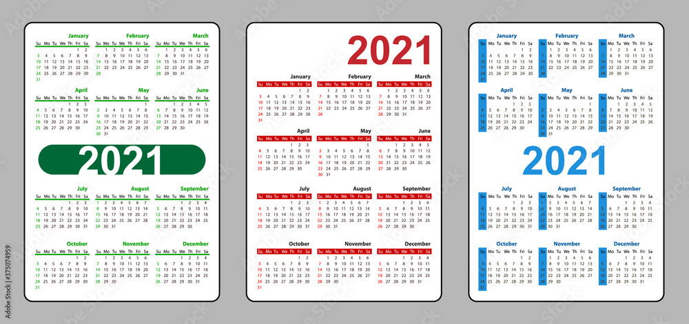 Set vertical Pocket calendar on 2021 year. Week starts from Sunday ...