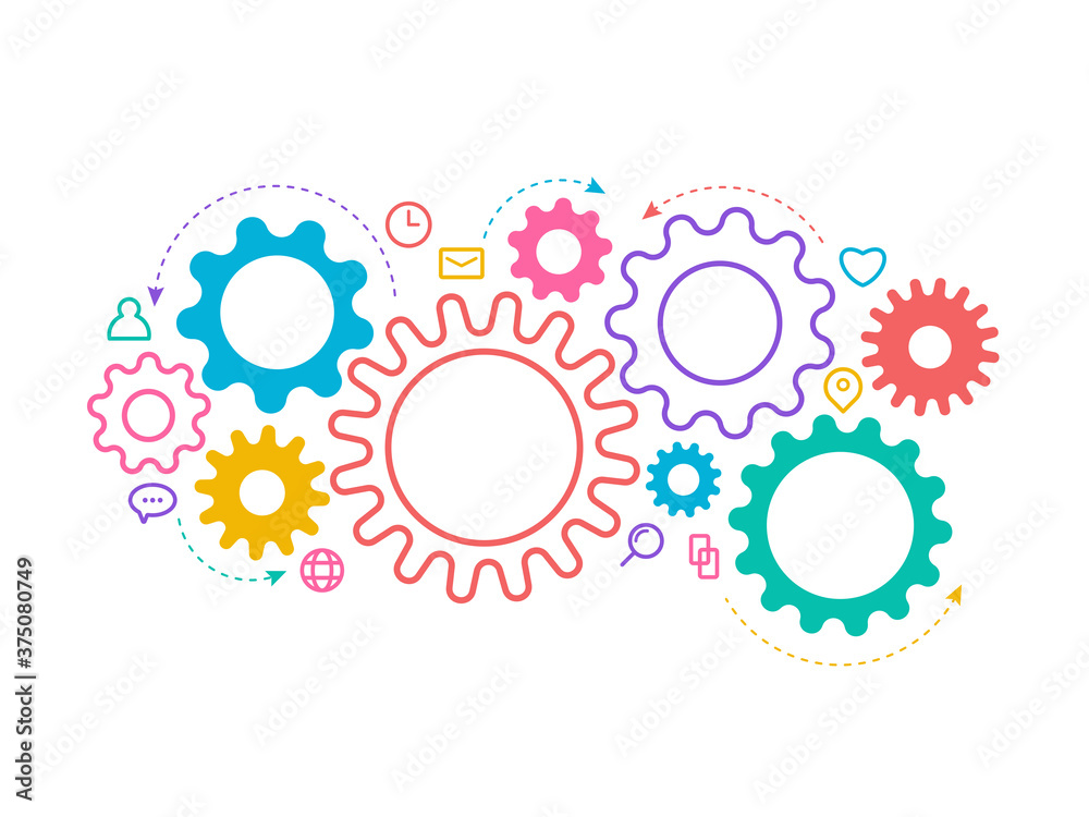 Colorful connected gears and icons for strategy,network,digital,service ...