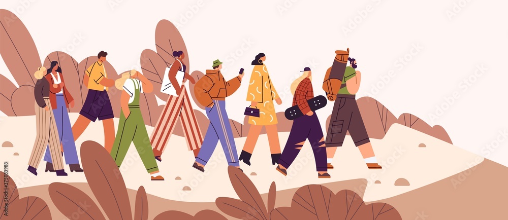 Flat vector cartoon illustration of people following influencer or ...