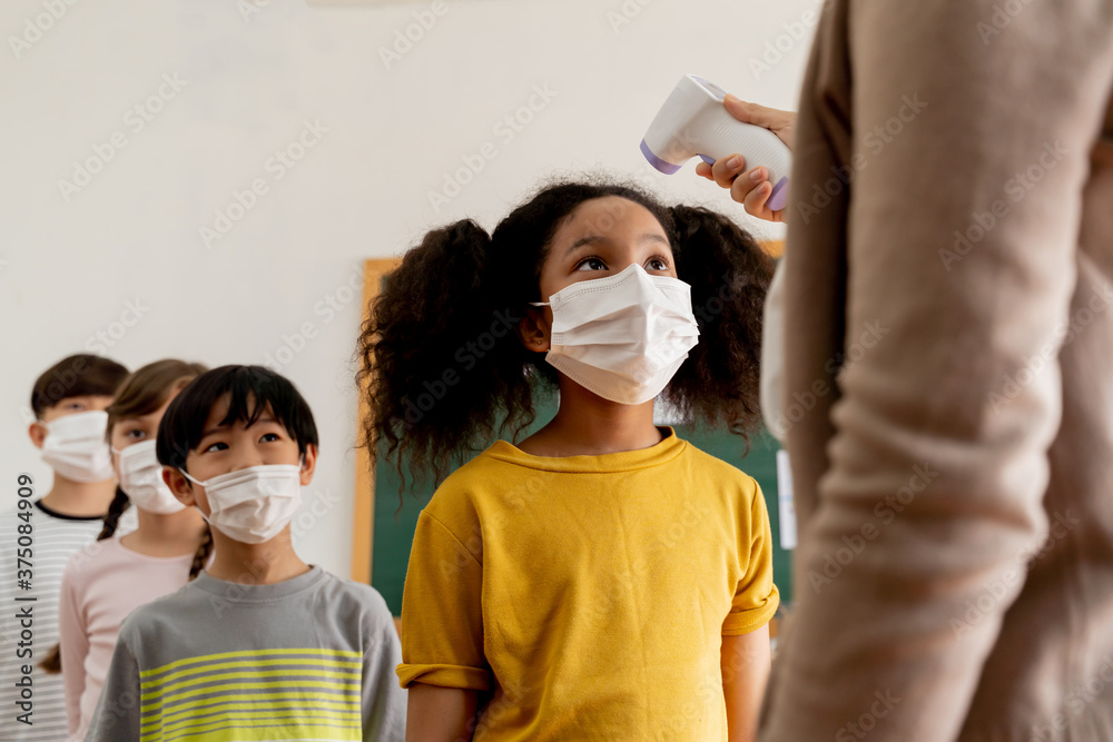 Group diverse students in school building checked and scanned for ...