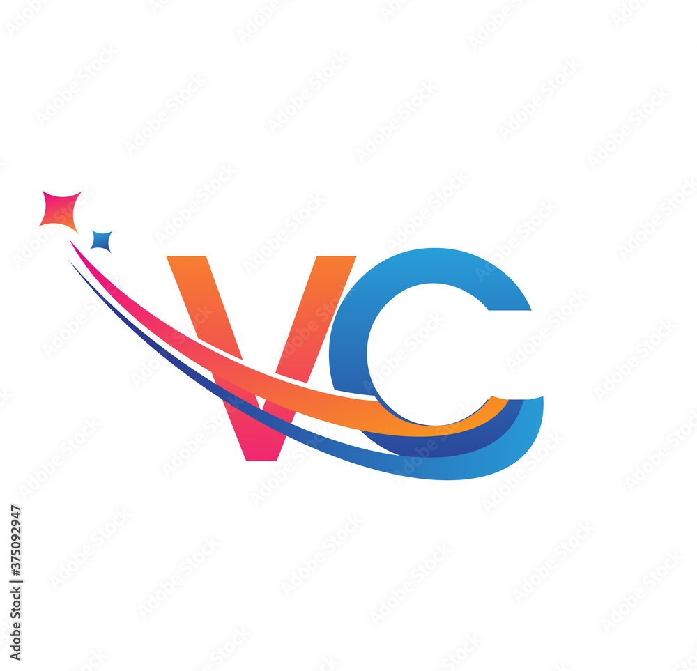 initial letter VC logotype company name colored orange, red and blue ...