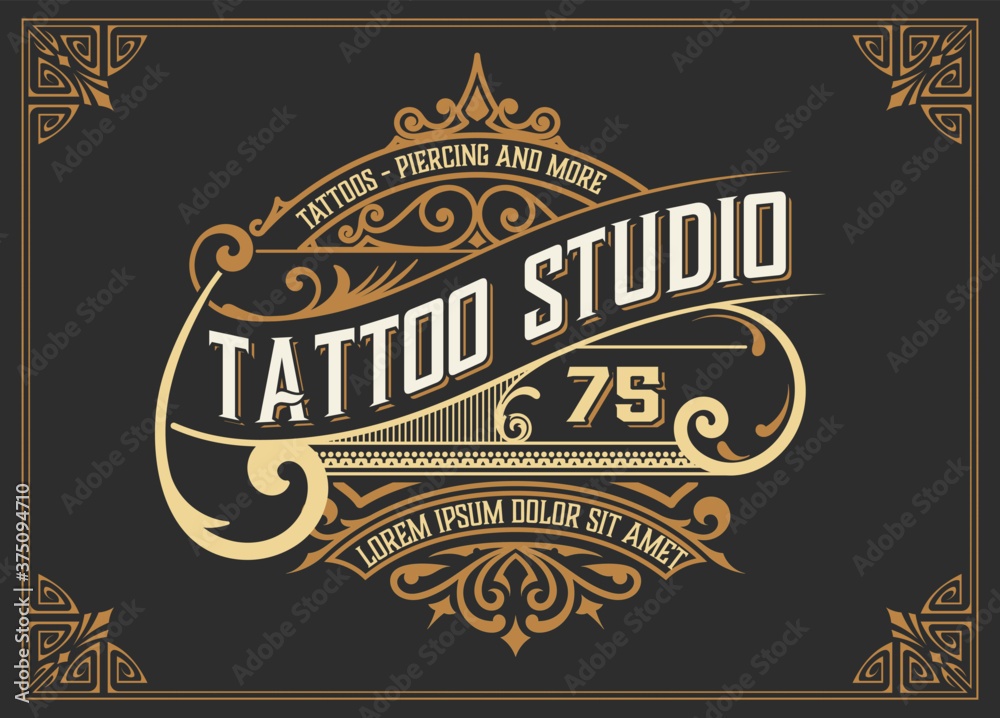 Tattoo logo template. Old lettering on dark background with floral ...