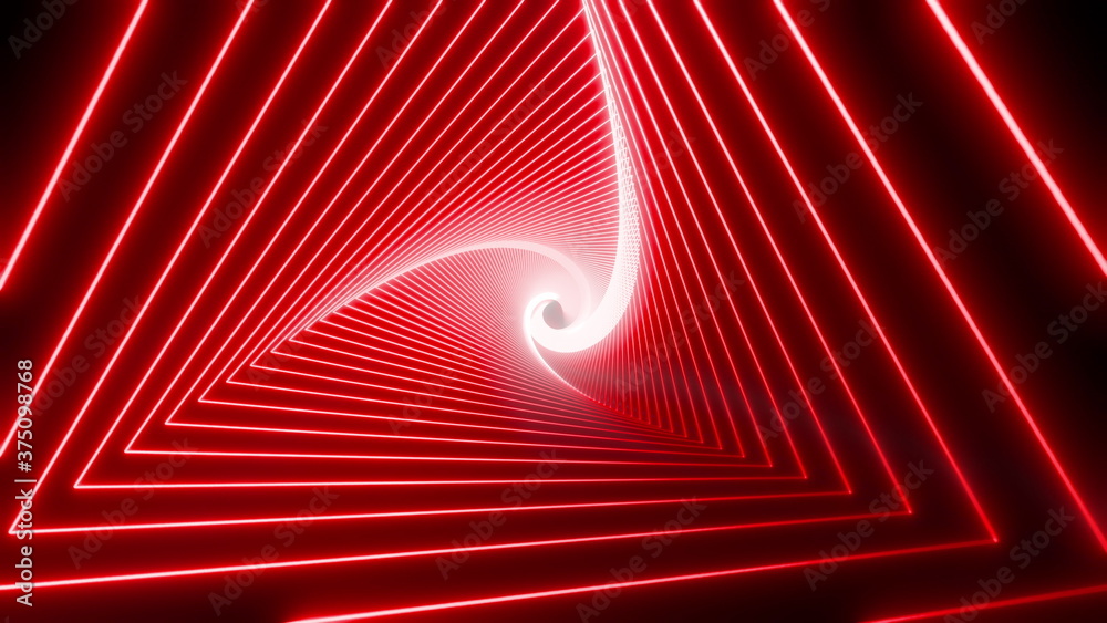 Red neon triangular tunnel moving into the distance, neon geometric ...