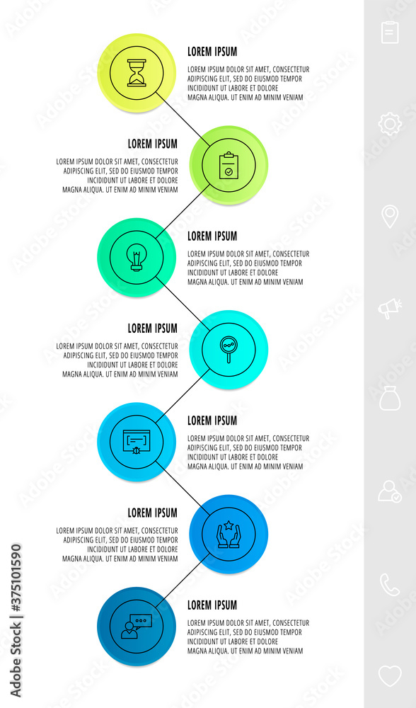 Infographics circles with 7 steps, icons. Flat line vector template ...