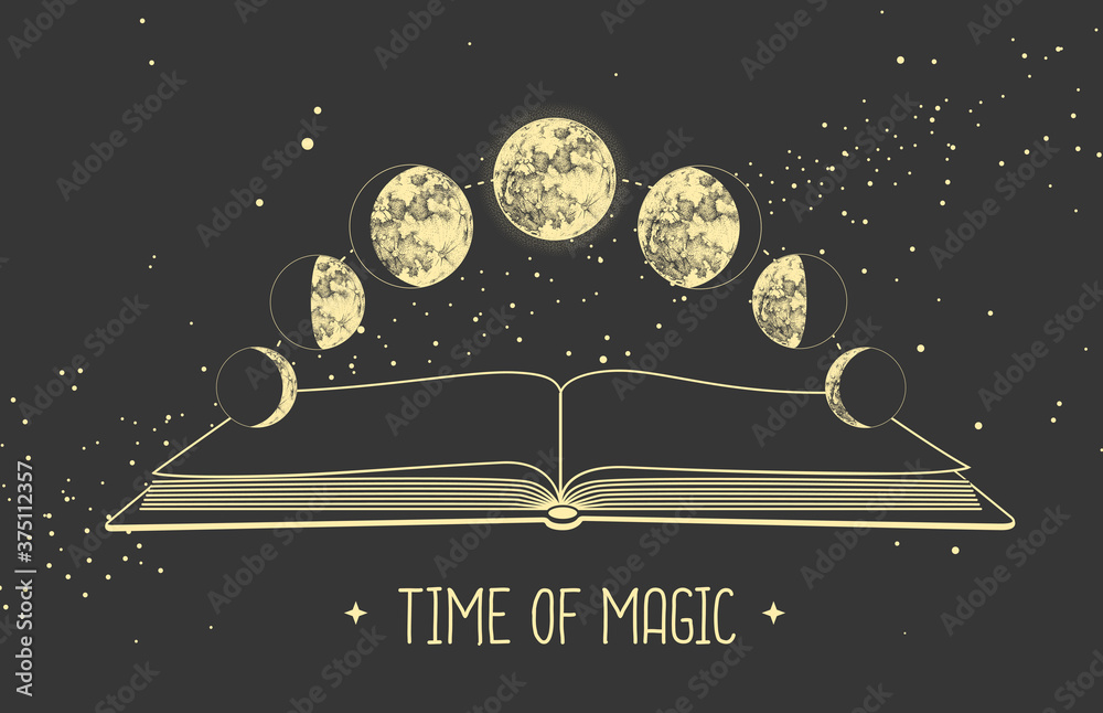 Modern magic witchcraft card with moon phases and open magic book ...