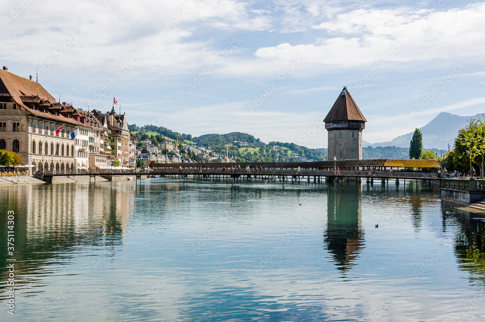 Luzern, Kapellbrücke, Holzbrücke, Wasserturm, Reuss, Fluss, Stadt ...