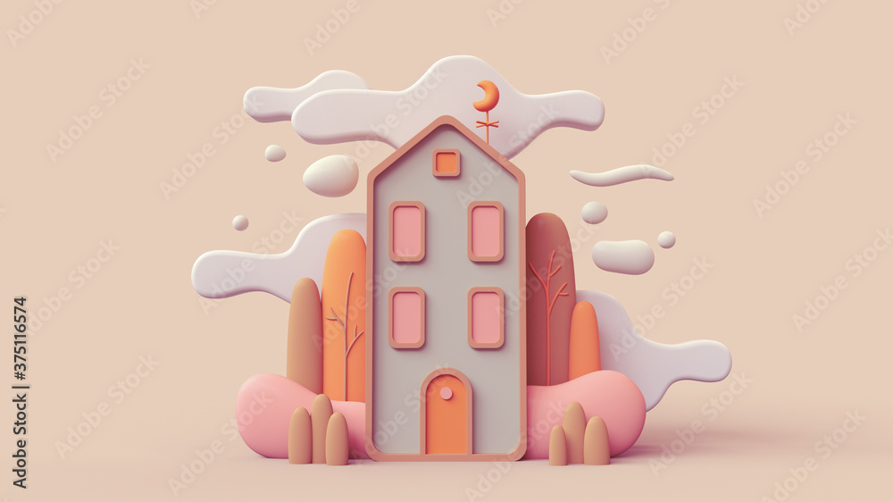 Cute green cozy Eco House with bushes, tall trees, white clouds. Sweet ...