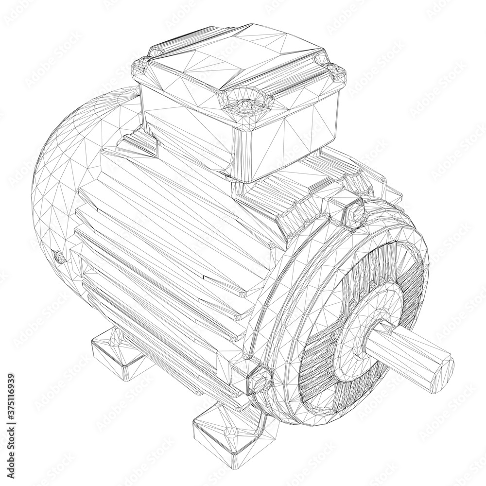 Electric motor wireframe made of black lines on a white background ...