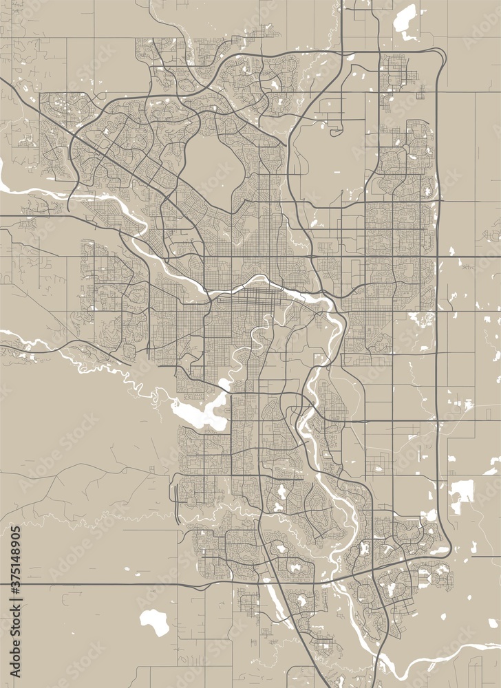Detailed map of Calgary city, linear print map. Cityscape panorama ...